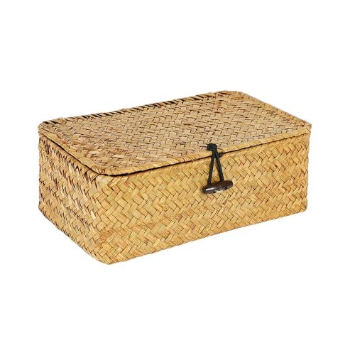 JIBIACB Hand Woven Baskets for Organizing,Storage Basket,Rattan-Style Storage Trunk,Rectangular Handwoven Seagrass Storage Basket with Lid (23x13x8cm)