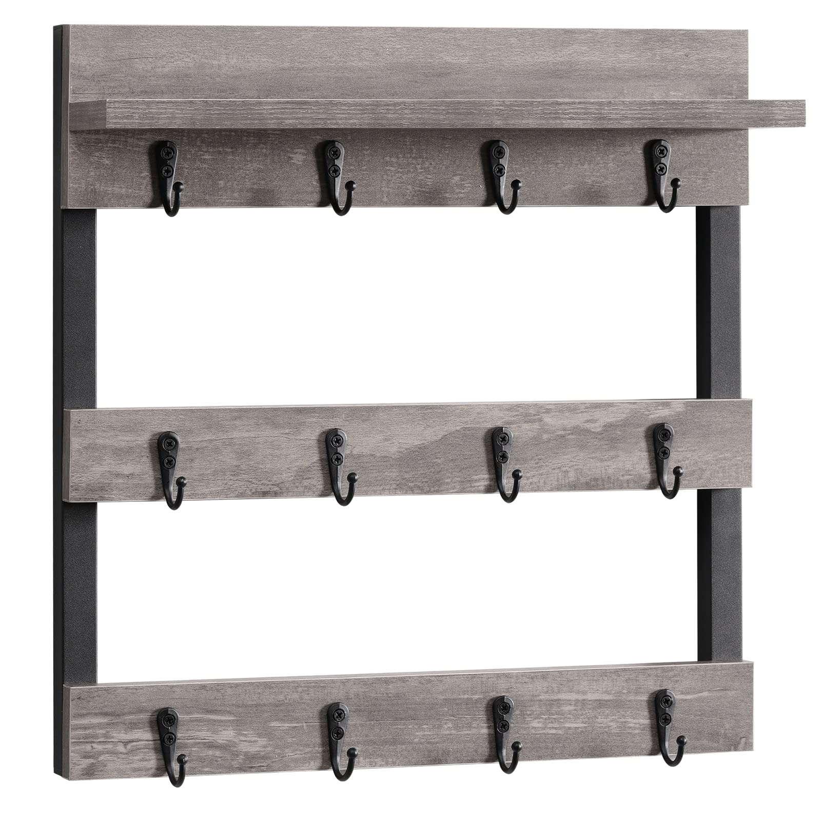 Honiter Coffee Mug Rack Wall Mounted, Rustic Wood Coffee Cup Holder Organizer with 12 Hooks and Storage Shelf , Wall Mug Rack for Display, Collection, Home Kitchen (Gray)