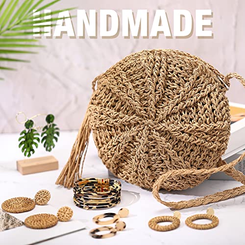 Beach Purse Earrings Set Straw Shoulder Bag Vacation Beach Purse with 4 Rattan Boho Tropical Earrings Leopard Bracelet Kit (Dark Color Round)