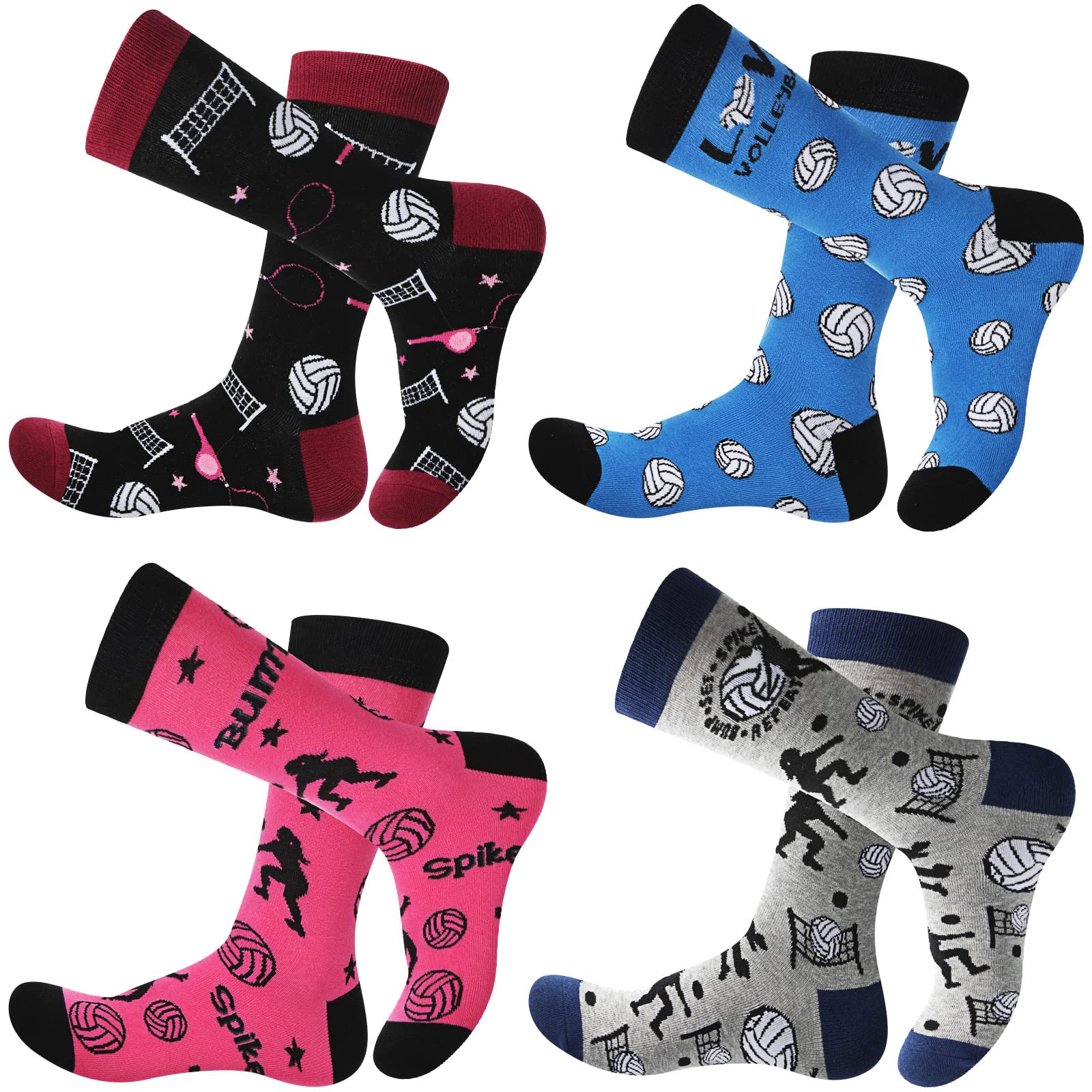 Vicenpal 4 Pairs Volleyball Socks Women Novelty Funny Pink Volleyball Crew Socks Sports Gifts for Women Men Sports Lovers Players Athletes Coach Running Athletic