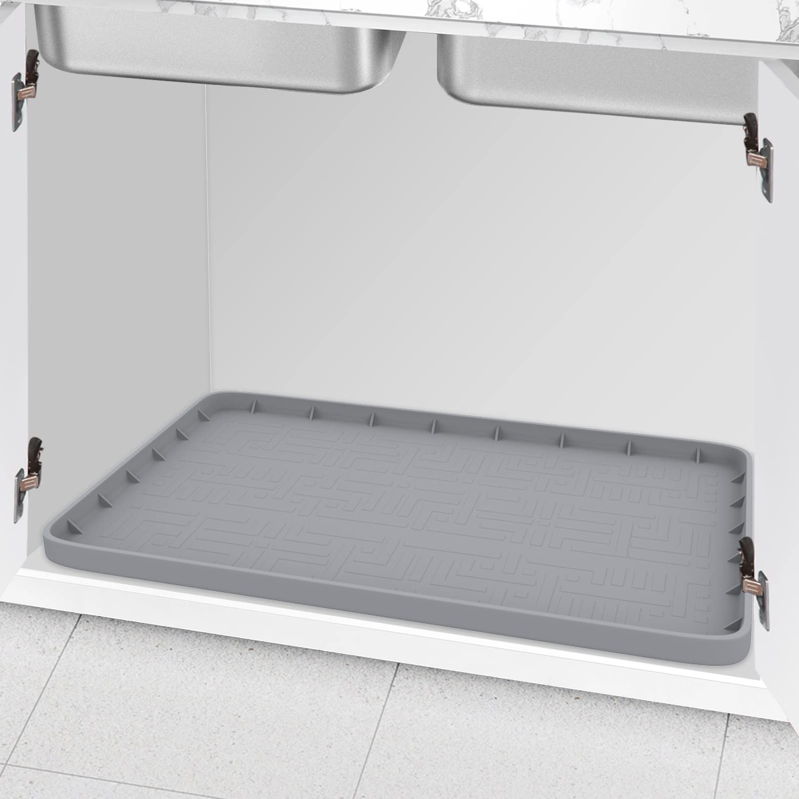 Bigger Under Sink Mat, 34" x 22" Silicone Under Sink Liner for Kitchen Waterproof, Hold up to 3.3 Gallons Liquid, Kitchen Bathroom Cabinet Mat and Protector for Drips Leaks Spills Tray (Grey)