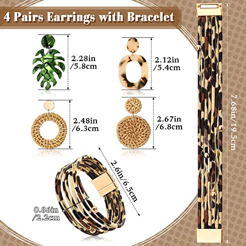 Beach Purse Earrings Set Straw Shoulder Bag Vacation Beach Purse with 4 Rattan Boho Tropical Earrings Leopard Bracelet Kit (Dark Color Round)