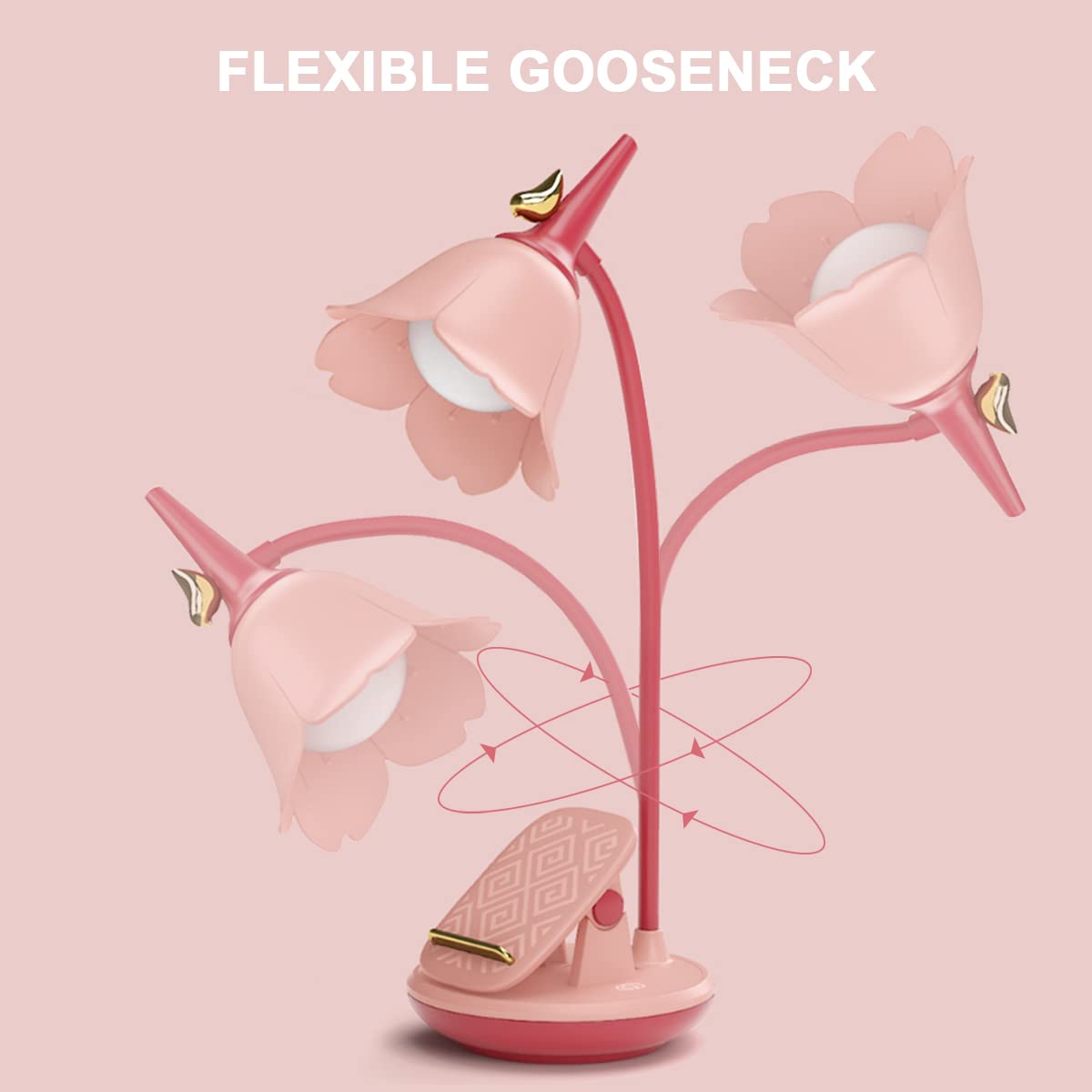 KoudHug Pink Desk Lamp with Clamp, Rechargeable LED Small Desk Lamp, Adjustable Gooseneck, Dimmable Cute Desk Lamp for Kids Girls Bedroom Dorm Office