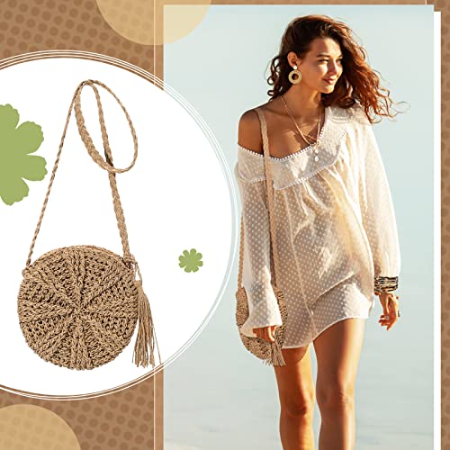 Beach Purse Earrings Set Straw Shoulder Bag Vacation Beach Purse with 4 Rattan Boho Tropical Earrings Leopard Bracelet Kit (Dark Color Round)