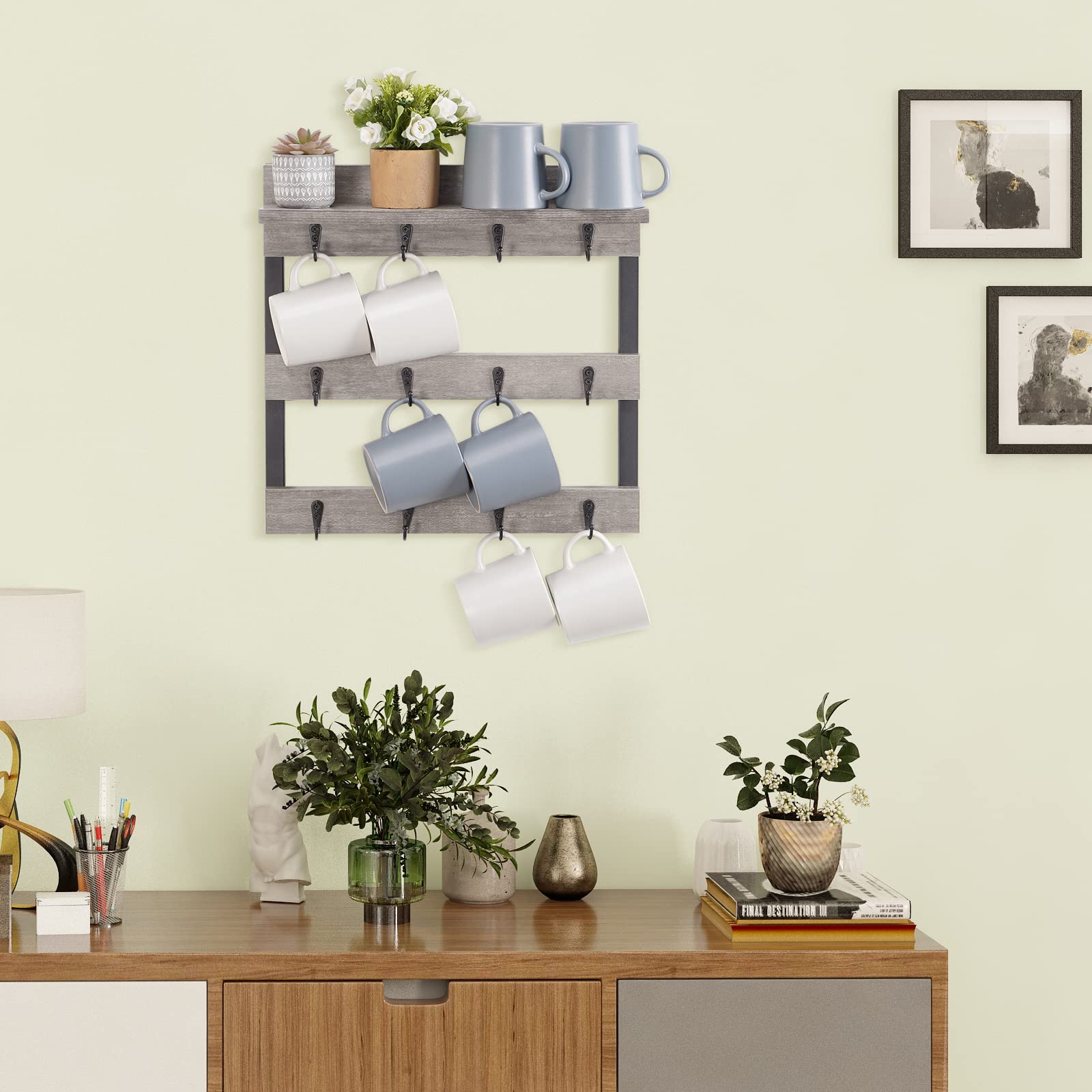 Honiter Coffee Mug Rack Wall Mounted, Rustic Wood Coffee Cup Holder Organizer with 12 Hooks and Storage Shelf , Wall Mug Rack for Display, Collection, Home Kitchen (Gray)