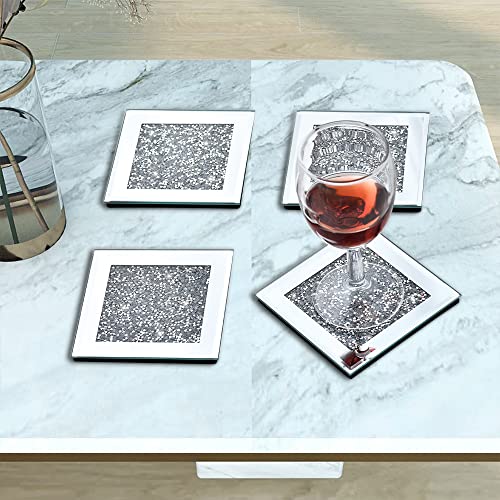 Glass Mirrored Coaster 4 Pack 4x4 inch, Crushed Diamond Cup Mat Decor on Tabletop for Restaurant Kitchen bar Dining Table
