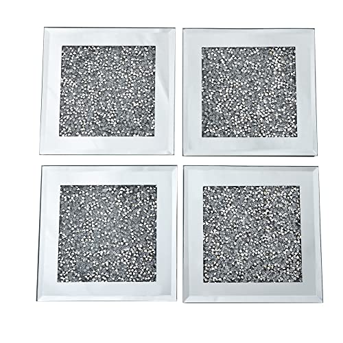 Glass Mirrored Coaster 4 Pack 4x4 inch, Crushed Diamond Cup Mat Decor on Tabletop for Restaurant Kitchen bar Dining Table