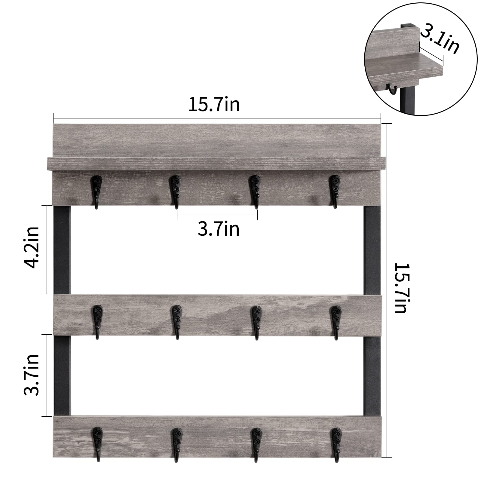Honiter Coffee Mug Rack Wall Mounted, Rustic Wood Coffee Cup Holder Organizer with 12 Hooks and Storage Shelf , Wall Mug Rack for Display, Collection, Home Kitchen (Gray)