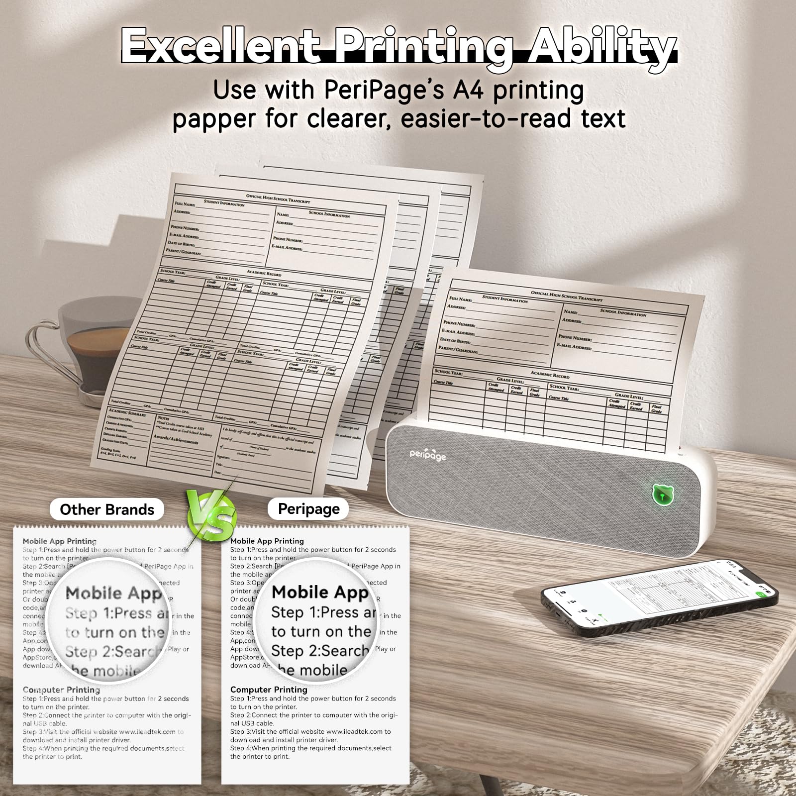 PeriPage Thermal Inkless Portable Printer, Supports 8.26"x11.69" US Letter, Wireless Bluetooth Mobile Travel Printer, Compatible with Android and iOS, Prints Documents,Tattoo Paper, Photos