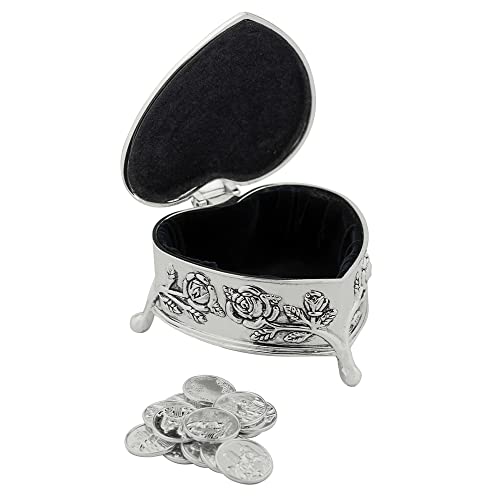 Las Arras Matrimoniales | Wedding Tokens | Unity Coins | Beautiful Heart Shaped Silver-Tone Decorative Box | Traditional Spanish Catholic Wedding Tradition | Includes 13 Metal Silver-Tone Coins