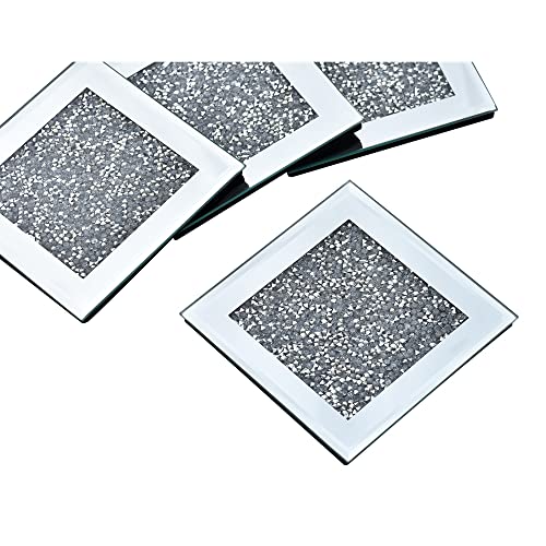 Glass Mirrored Coaster 4 Pack 4x4 inch, Crushed Diamond Cup Mat Decor on Tabletop for Restaurant Kitchen bar Dining Table
