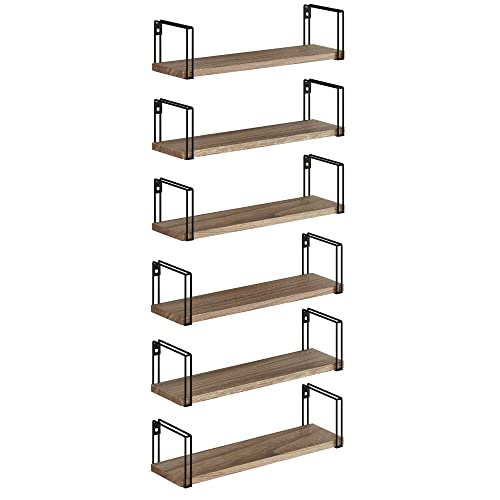 Wallniture Avila Floating Shelves, Wall Bookshelf Living Room Decor Shelves for Wall Storage, Kitchen Organization Home Office Decor DVD Storage Burnt, Set of 6