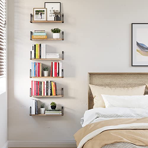 Wallniture Avila Floating Shelves, Wall Bookshelf Living Room Decor Shelves for Wall Storage, Kitchen Organization Home Office Decor DVD Storage Burnt, Set of 6