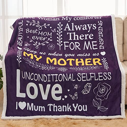 BESTSWEETIE Birthday Gifts for Mom Blanket - I Love You Mom Blanket - Warm Gifts for Mom Christmas Mom Gifts from Daughter Son Super Soft Throw Blanket Cozy Blanket 50" x 60" (Purple)