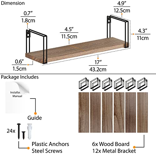 Wallniture Avila Floating Shelves, Wall Bookshelf Living Room Decor Shelves for Wall Storage, Kitchen Organization Home Office Decor DVD Storage Burnt, Set of 6