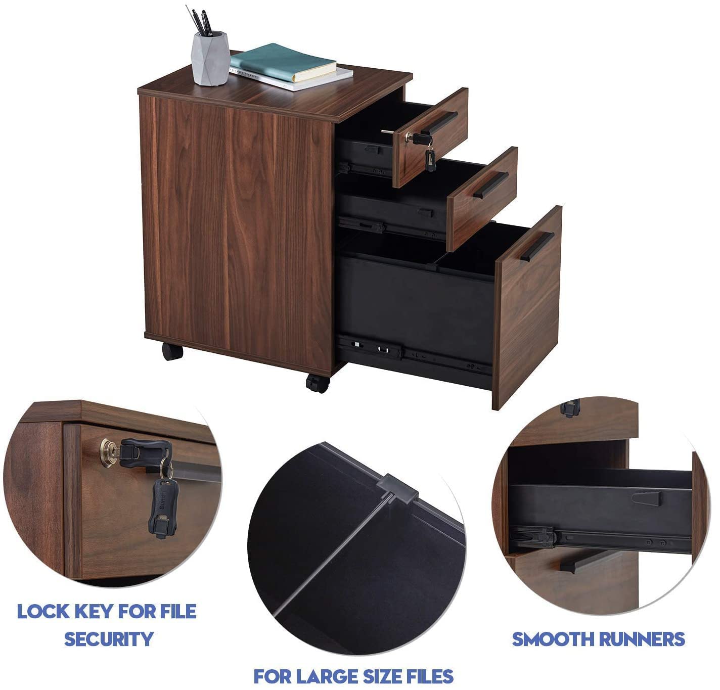 3-Drawer Office Filing Storage Cabinet, Under Desk Vertical Filing Cabinet, Lock Drawers