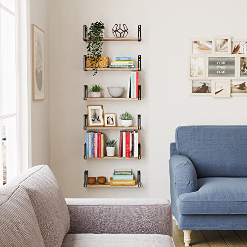 Wallniture Avila Floating Shelves, Wall Bookshelf Living Room Decor Shelves for Wall Storage, Kitchen Organization Home Office Decor DVD Storage Burnt, Set of 6