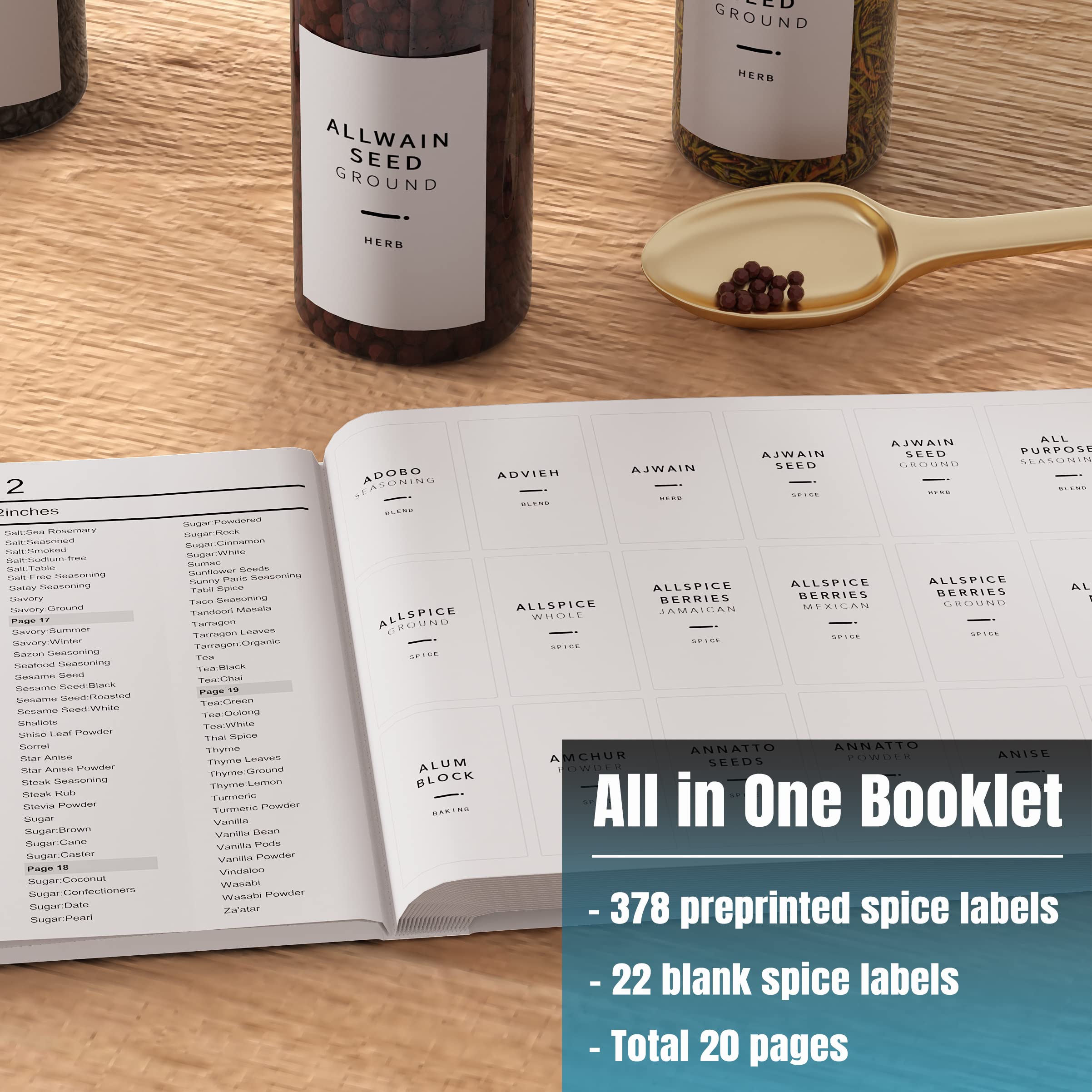 Neatsure 400 Minimalist Spice Labels, Preprinted Stickers Booklet, Black Text on White Waterproof Matte Backing, Herb Seasoning Spice Jars Rack Organization System