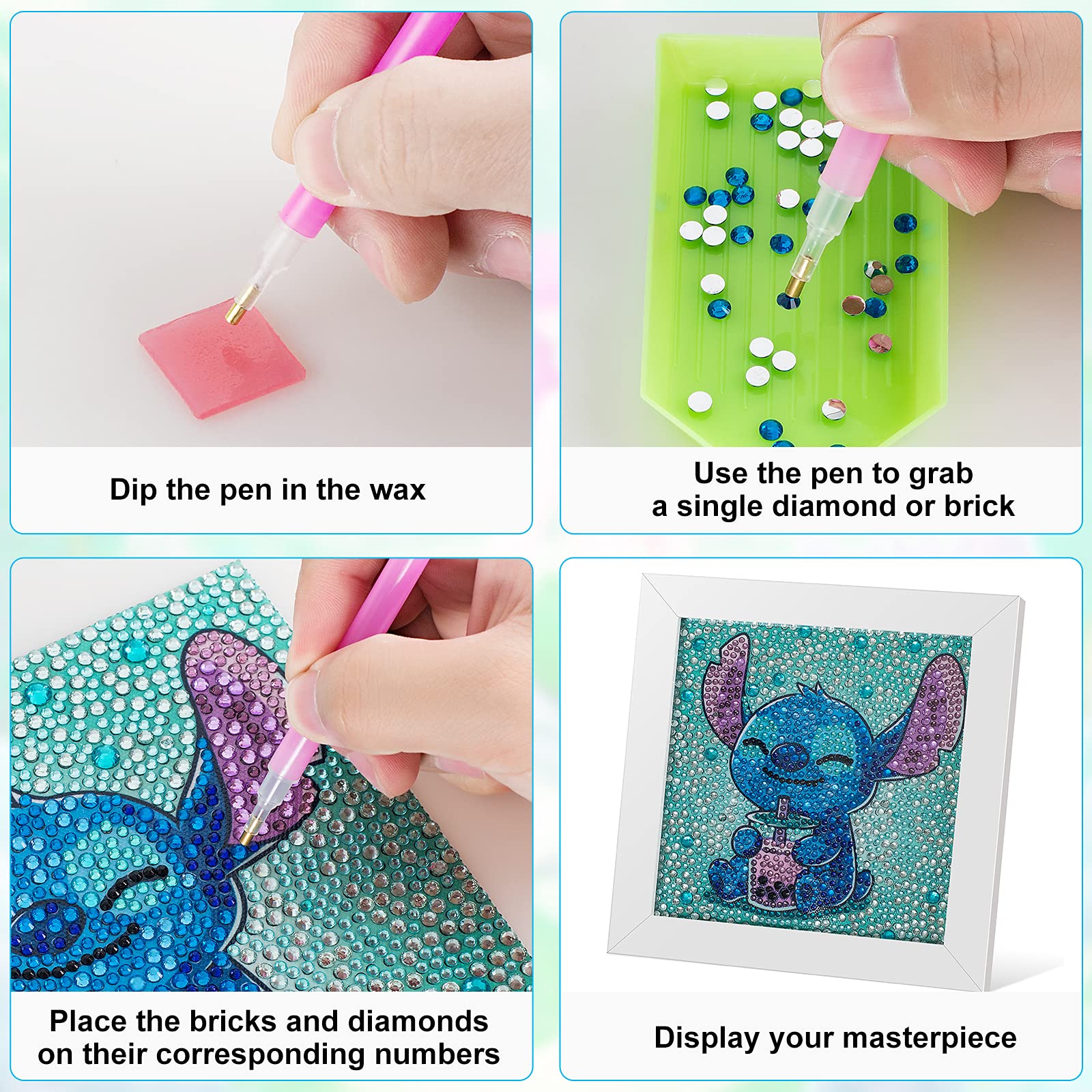 5D Diamond Painting Kit for Kids with Wooden Frame Easy Small Anime Diamond Painting Full Drill Diamond Art Gem Painting for Beginners 7X7 inch (Stitch)