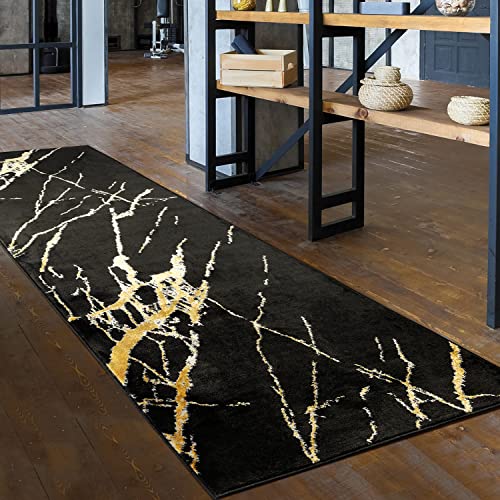 Antep Rugs Babil Gold 2x7 Marble Abstract Modern Indoor Runner Rug (Black, 2' x 7')