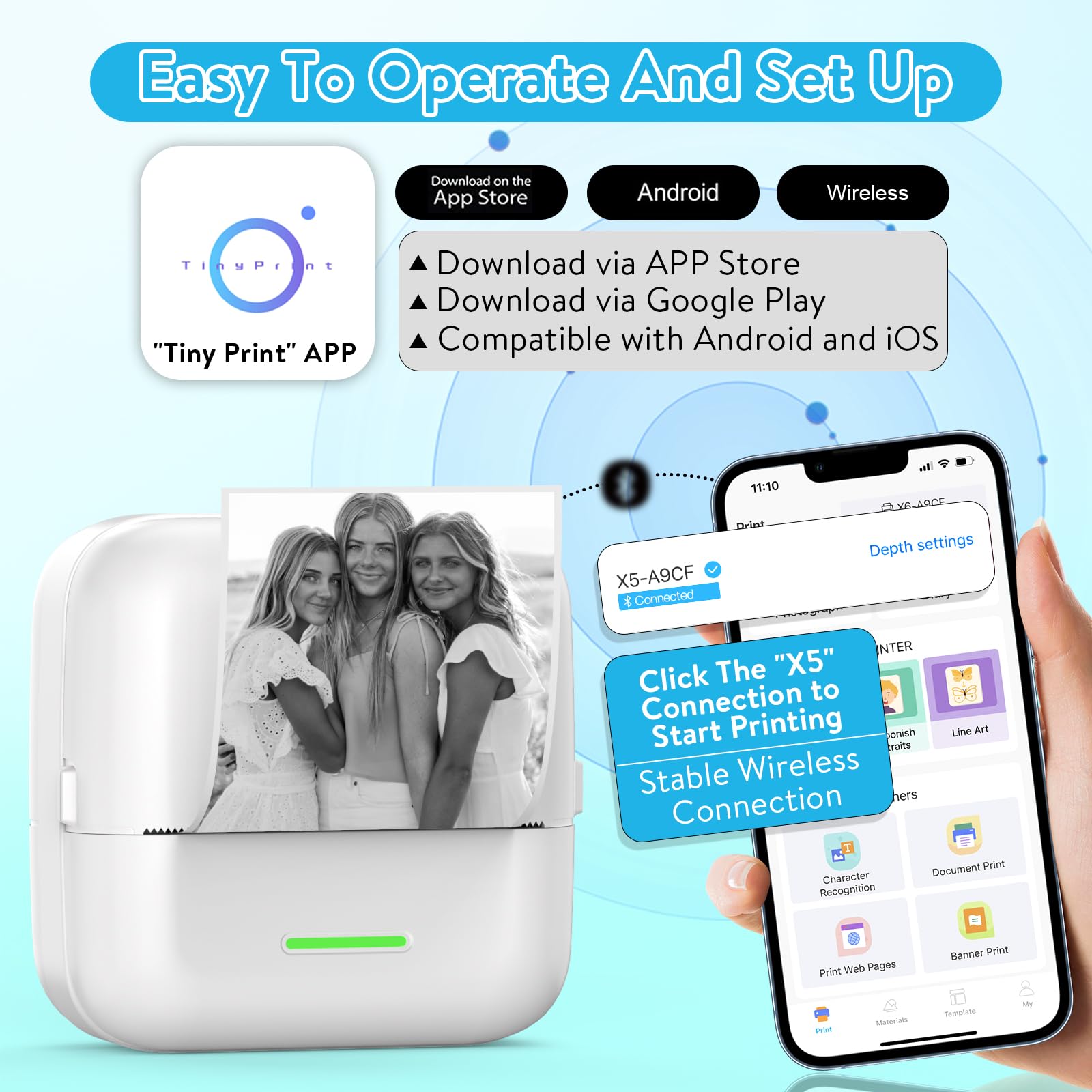 HuiJuKeJi Mini Sticker Printer Bluetooth Smart Pocket Inkless Thermal Printer with 10 Rolls Thermal Paper and Sticker for iOS&Android, Portable Receipt Printer for Photo Journal Notes Memo