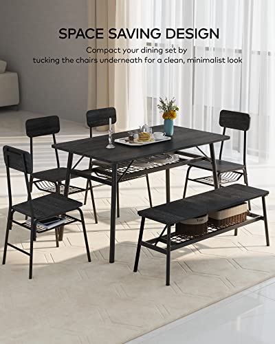 Bealife Dining Table Set for 6 with Bench, 6 Piece Dinette Set W/Chairs for Small Space, Kitchen Table and Chairs for 6 with Rectangular Table, Bench, 4 Chairs, Storage Rack, Steel Frame - Black