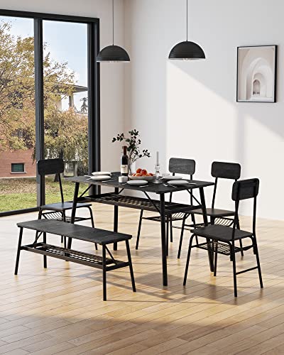Bealife Dining Table Set for 6 with Bench, 6 Piece Dinette Set W/Chairs for Small Space, Kitchen Table and Chairs for 6 with Rectangular Table, Bench, 4 Chairs, Storage Rack, Steel Frame - Black