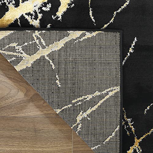 Antep Rugs Babil Gold 2x7 Marble Abstract Modern Indoor Runner Rug (Black, 2' x 7')