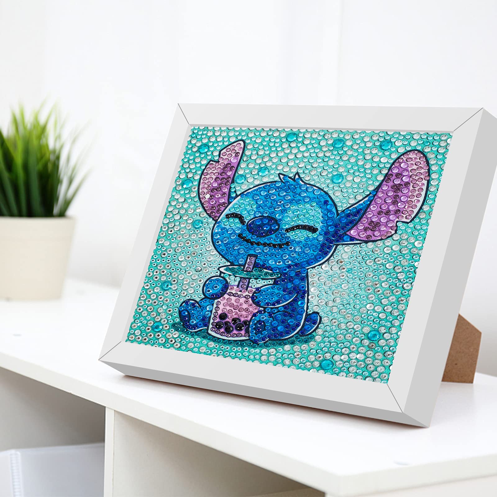 5D Diamond Painting Kit for Kids with Wooden Frame Easy Small Anime Diamond Painting Full Drill Diamond Art Gem Painting for Beginners 7X7 inch (Stitch)