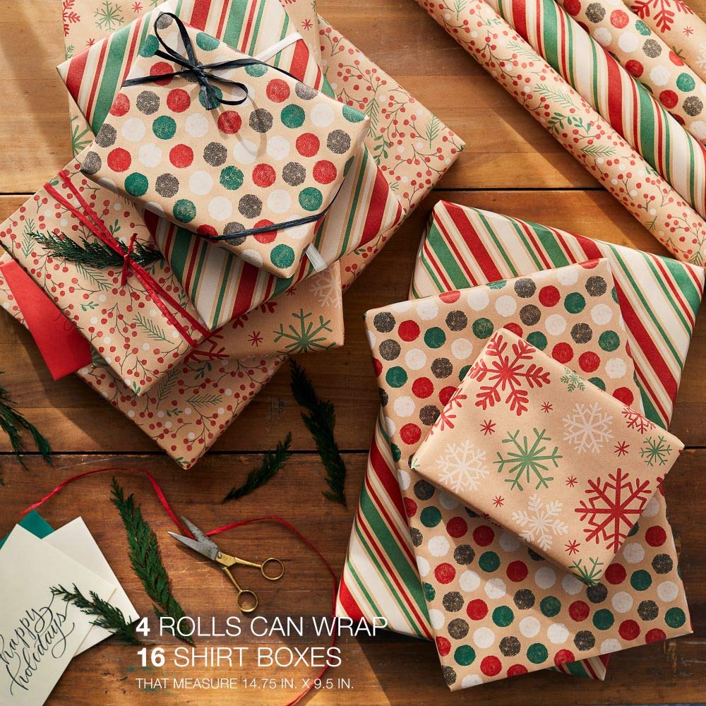 American Greetings Winter Wrapping Paper, Red, Green and Kraft (4 Pack, 80 sq. ft.)