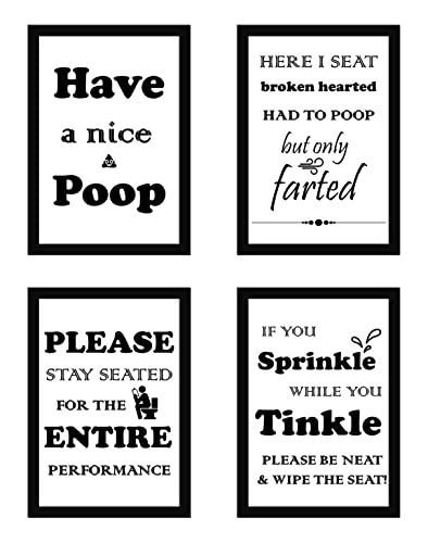 Bathroom Quotes and Sayings Art Prints, Set of Four Photos 8x11 Unframed | Aesthetic Bath Decorations, Great Gift for Restroom and Toilet Decor, Black and White Funny Home Wall Pictures, Hillarious/Humorous, Perfect for Housewarming Gifts Under $10