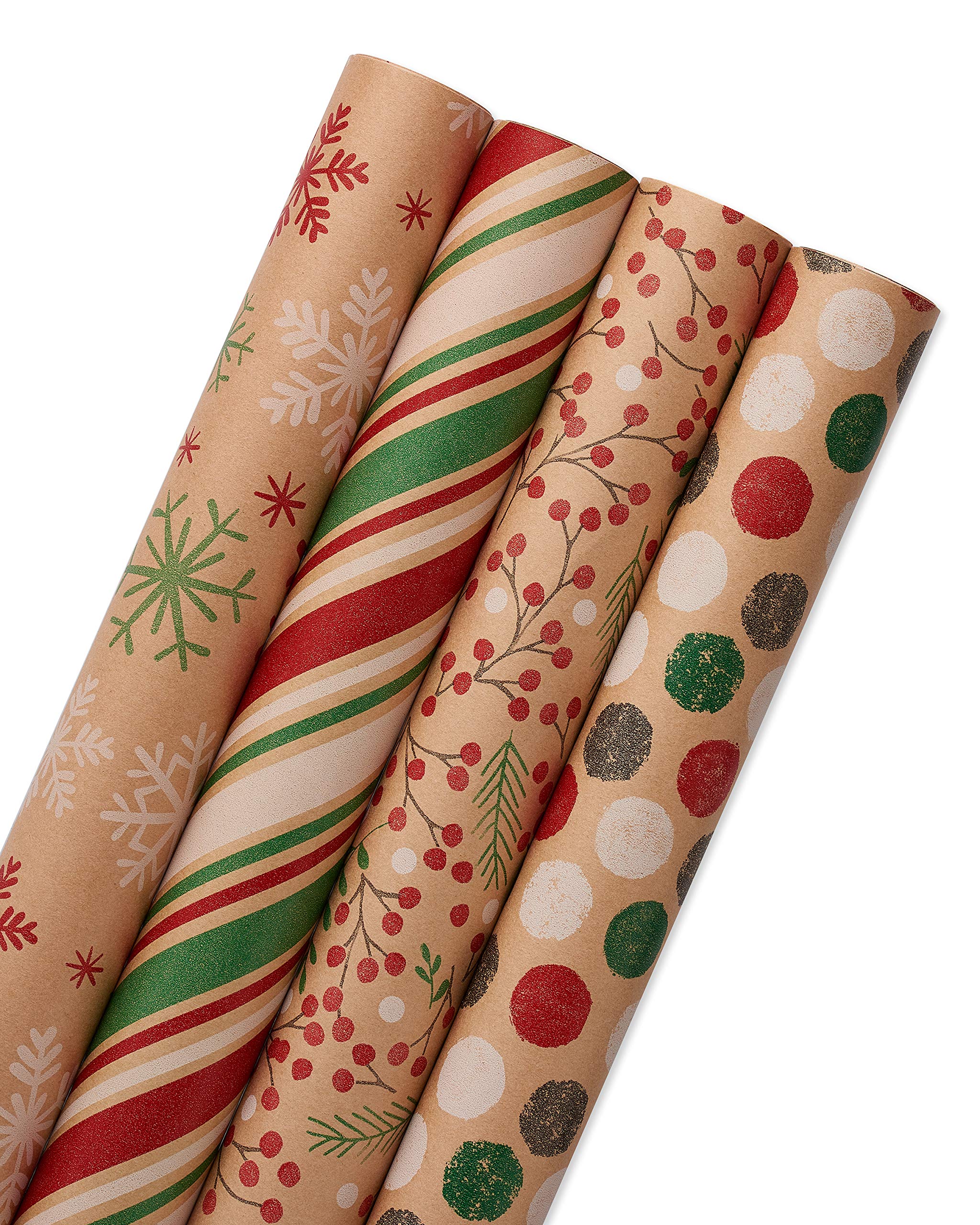 American Greetings Winter Wrapping Paper, Red, Green and Kraft (4 Pack, 80 sq. ft.)