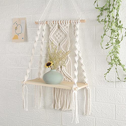Hiuxume Macrame Wall Hanging Shelf - Bohemian Wall Decor for Bedroom - Woven Rope Macrame Wall Art as Boho Bathroom Shelf Decor - Macrame Shelf Wall Hanging Plant Hanger with Crochet Wall Hangings
