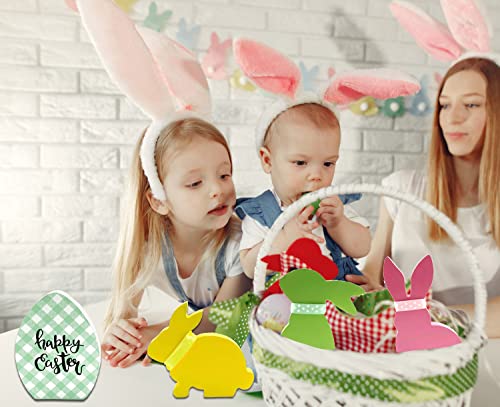 Ahzemepinyo 6 Pieces Easter Bunny Egg Table Wooden Sign Hello Spring Tiered Tray Decorations Double Printed Buffalo Plaid Bunny Egg Wood Tabletop Decoration for Spring Easter Farmhouse Tray Decor