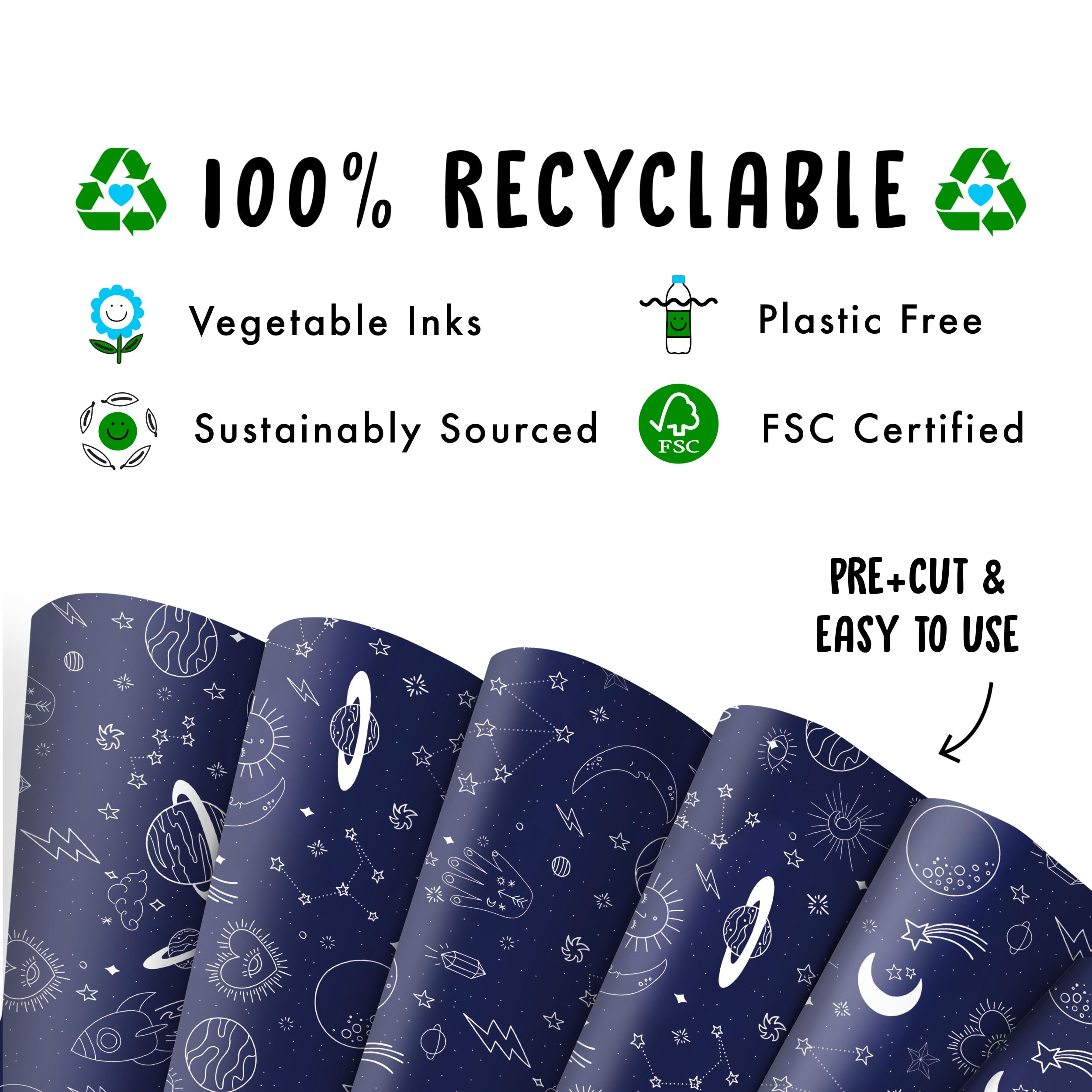 CENTRAL 23 - Navy Gift Wrap - 6 Christmas Wrapping Paper Sheets - Space Planets Stars - Birthday Wrapping Paper - Trendy Gift Wrap for Men Women Boys Girls - Recyclable