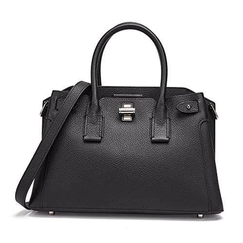 Leather Satchel Handbags For Women Medium Top Handle Shoulder Purse With Straps (Black)
