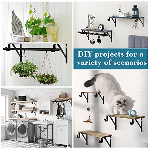 Closet Rod Bracket, Shelf Bracket for DIY Floating Shelf, Heavy Duty L Corner Brace with Rod Hook, Wall Mounted Black Metal Utensil Holder Pot Hangers for Kitchen, Bathroom