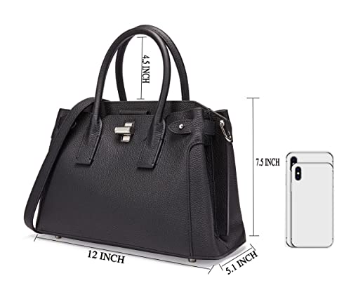 Leather Satchel Handbags For Women Medium Top Handle Shoulder Purse With Straps (Black)