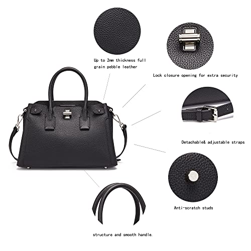 Leather Satchel Handbags For Women Medium Top Handle Shoulder Purse With Straps (Black)
