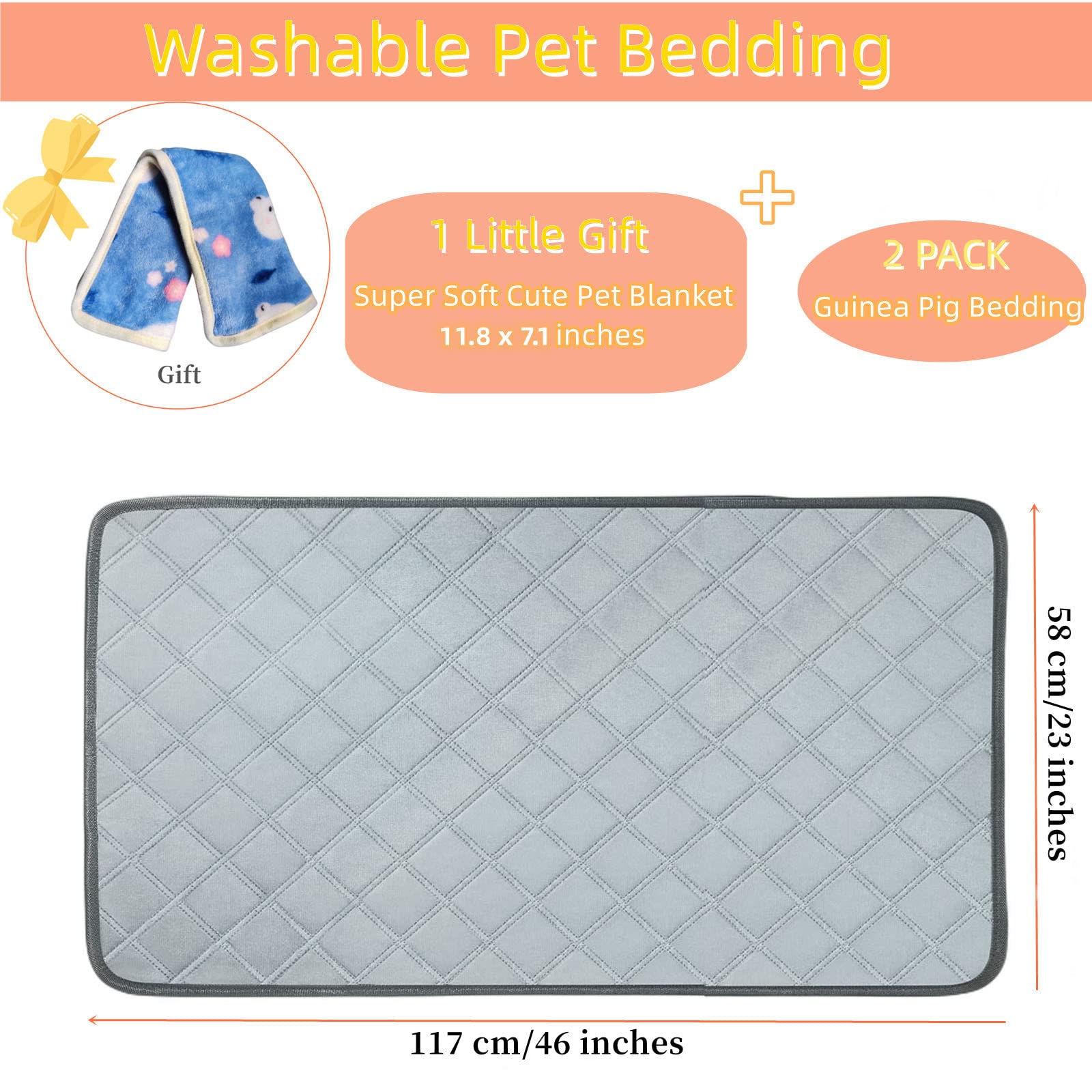 2PCS Plus 46 x 23 Inch Guinea Pig Fleece Cage Liners Washable Animals Bedding Hamster Accessories Waterproof Reusable & Anti Slip Dog Pee Pads with Great Urine Absorption for Dogs Rabbit Rat...