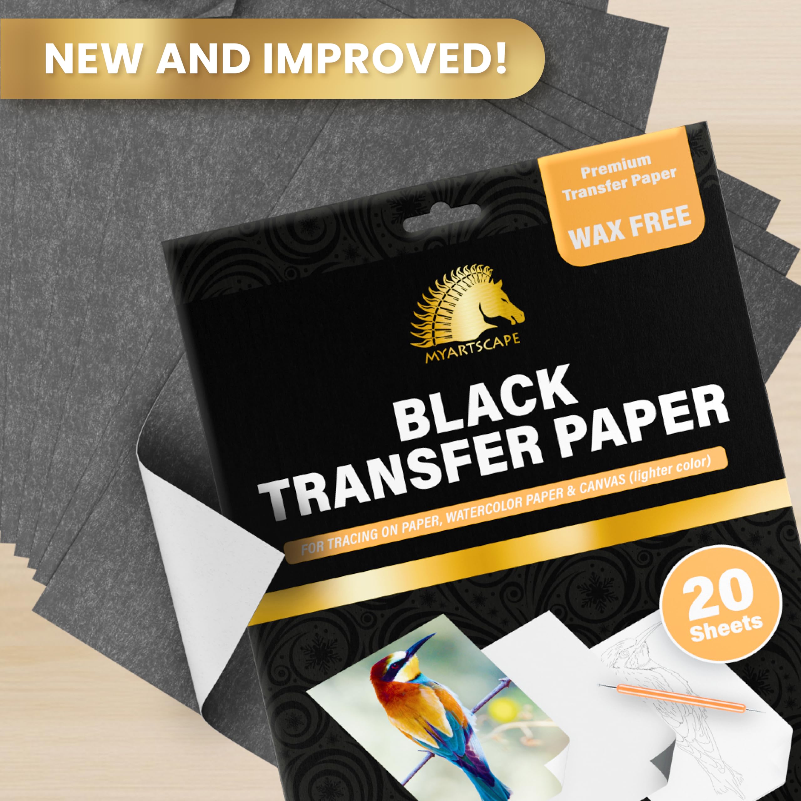 MyArtscape Graphite Transfer Paper, 20 Black Sheets - Wax Free - Erasable - Smudge-Free - Ideal for Drawing, Tracing and Watercolor Transfer - Premium Arts and Crafts Supplies