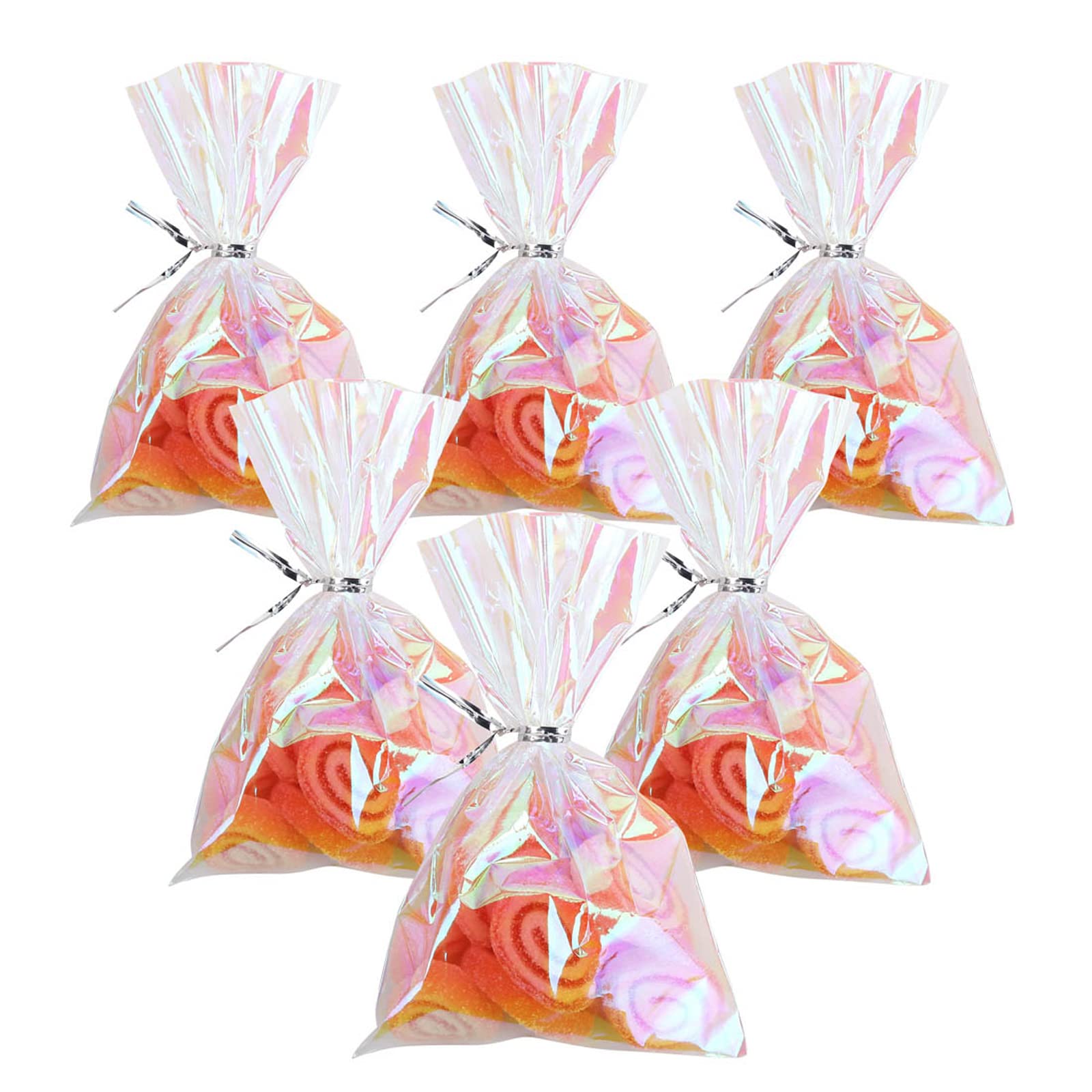 QTOP Cellophane Treat Bags,Iridescent Holographic Goodie Bags, Clear Cello Bags with Twist Ties for Birthday Party Favors, Valentines, Easter, Weddings，Halloween，Christmas (4x6 inches(pack of 100))
