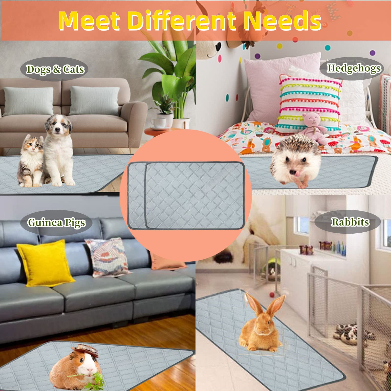 2PCS Plus 46 x 23 Inch Guinea Pig Fleece Cage Liners Washable Animals Bedding Hamster Accessories Waterproof Reusable & Anti Slip Dog Pee Pads with Great Urine Absorption for Dogs Rabbit Rat...
