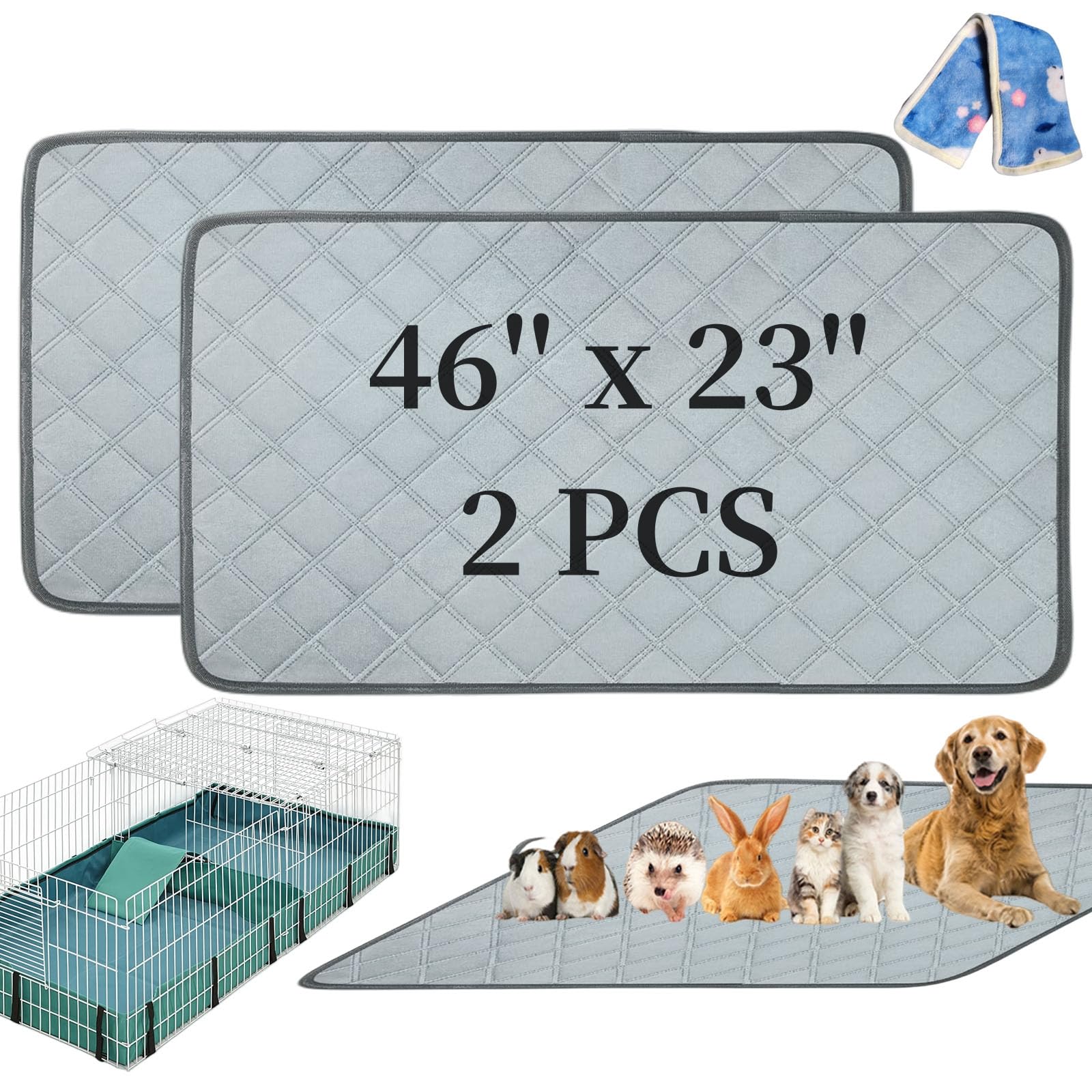 2PCS Plus 46 x 23 Inch Guinea Pig Fleece Cage Liners Washable Animals Bedding Hamster Accessories Waterproof Reusable & Anti Slip Dog Pee Pads with Great Urine Absorption for Dogs Rabbit Rat...