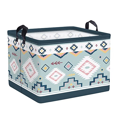 Clastyle Rectangle Blue Boho Clothes Storage Baskets Collapsible Waterproof Geometric Storage Bin for Living Room, 15.7 * 11.8 * 11.8 in