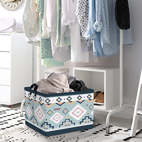 Clastyle Rectangle Blue Boho Clothes Storage Baskets Collapsible Waterproof Geometric Storage Bin for Living Room, 15.7 * 11.8 * 11.8 in