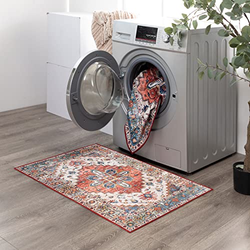 DECOMALL Sigrain Washable Rugs 5x7, Traditional Persian Rug with Rubber Backing, Distressed Medallion Area Rug for Living Room Bedroom Dinning Room, 5x7ft, Orange