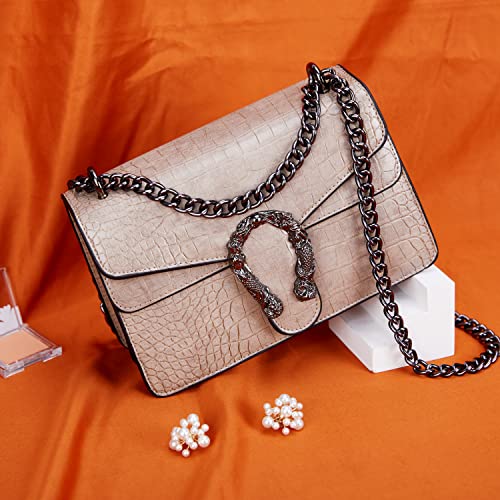 DEEPMEOW Women's Shoulder Chain Bag Crossbody Purse - Crocodile Grain PU Leather Messenger Bag Evening Square Satchel Handbag (Small,Khaki)