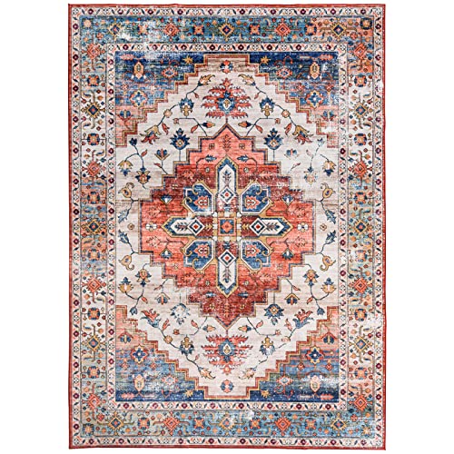 DECOMALL Sigrain Washable Rugs 5x7, Traditional Persian Rug with Rubber Backing, Distressed Medallion Area Rug for Living Room Bedroom Dinning Room, 5x7ft, Orange