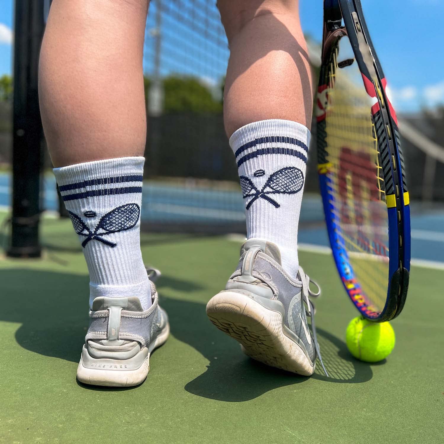ChalkTalkSPORTS Tennis Performance Crew Socks - Crossed Racquets - Navy - Tennis Mid-Calf Socks - Adult